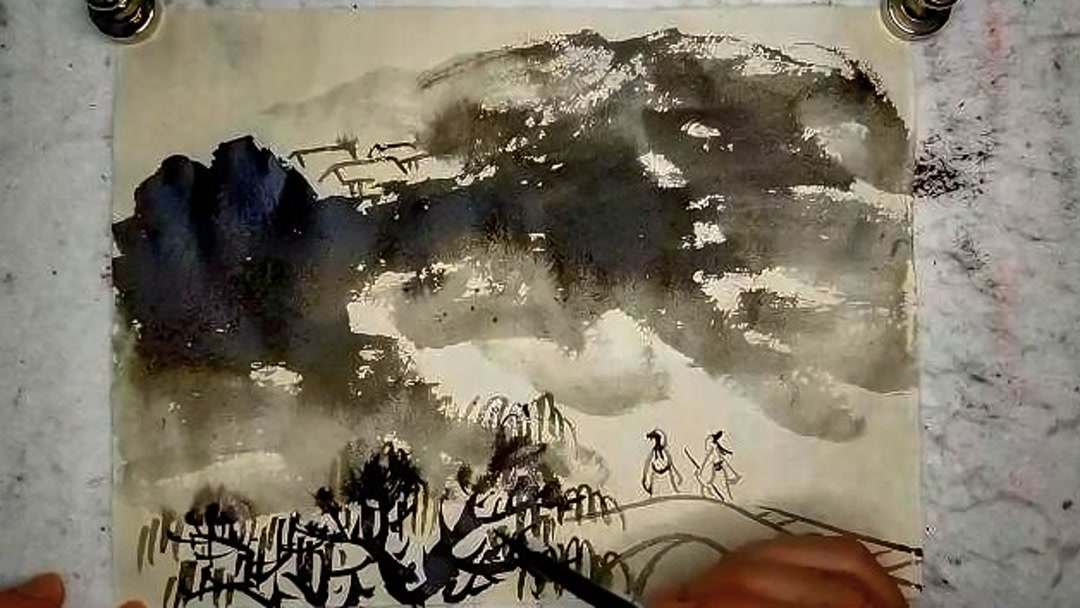 泼墨山水画入门级,简单易学,意境深远
