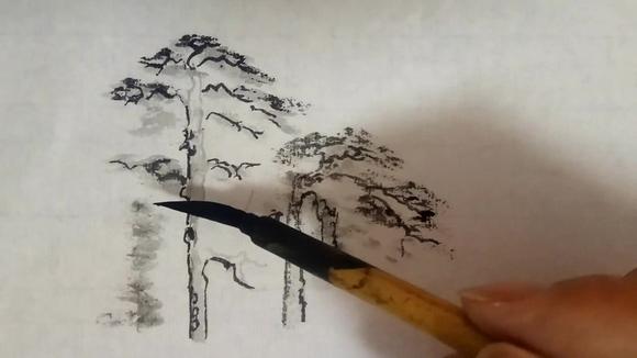 国画破墨法画松树组合,四季长青