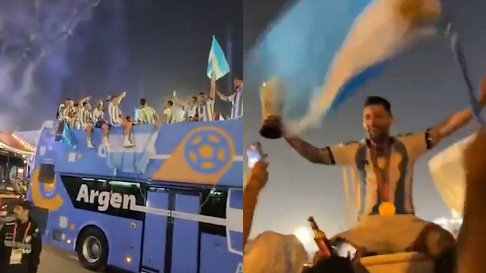 阿根廷队深夜大巴巡游 梅西坐车顶举大力神杯 队友高唱“梅西之歌”