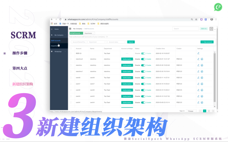 ...SocialEpoch SCRM WhatsApp营销客服软件使用教程之 新建组织架构