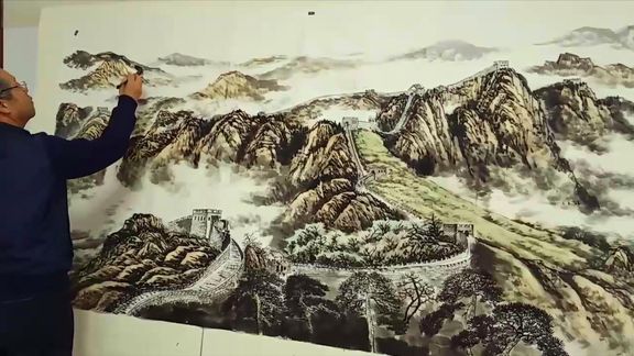 宋老师现场作画,用笔如神,一幅万里长城太震撼了