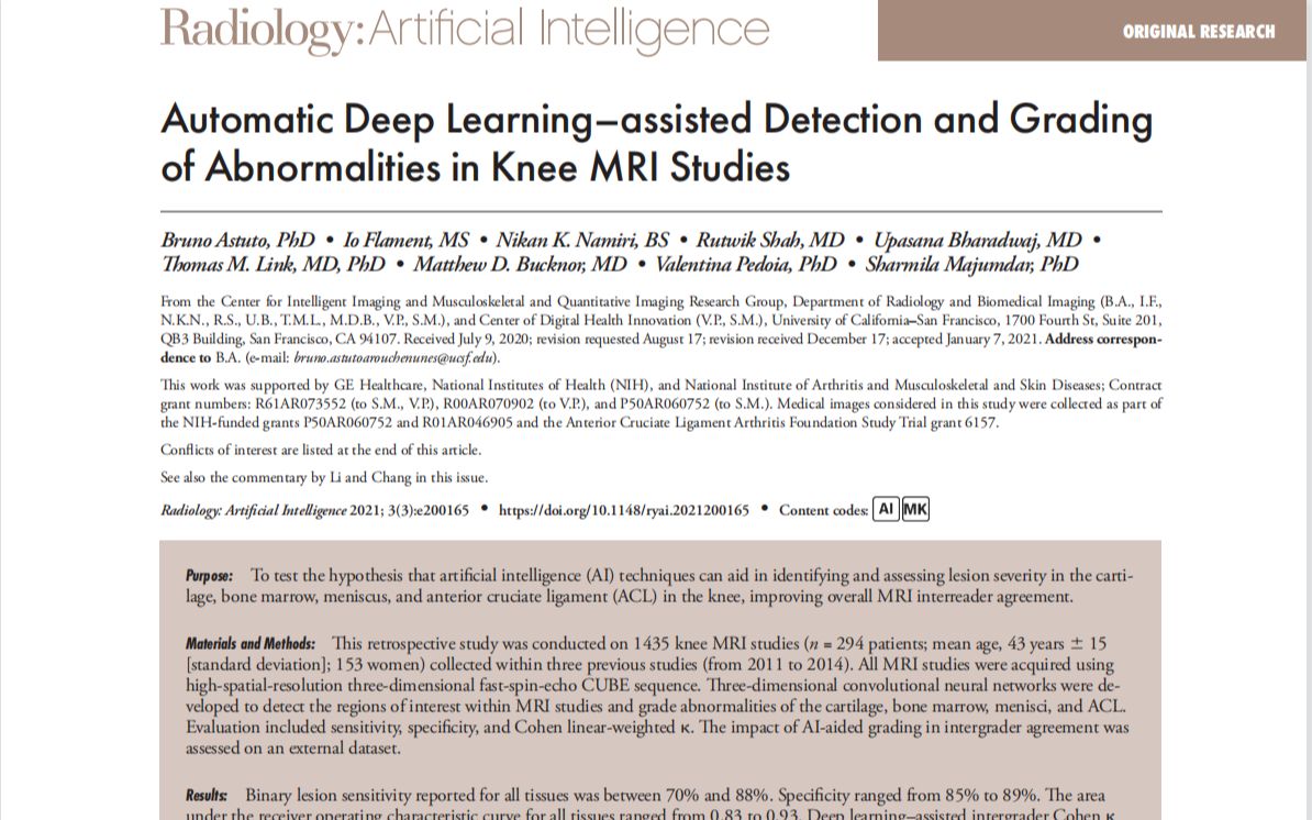 膝关节MRI异常的诊断分级数据特征的线性模型分析