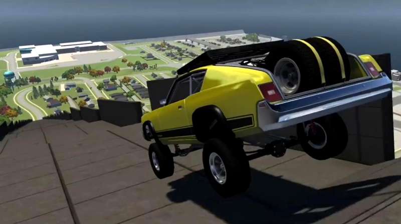 BeamNG:越野车开足马力连续冲下楼梯台阶,模拟真实车祸游戏