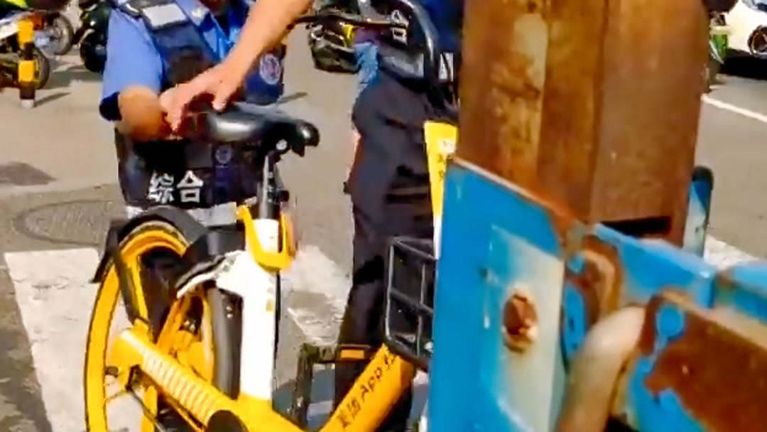 海口金龙路一斑马线被上百辆共享单车挤占 城管交警联合执法清走