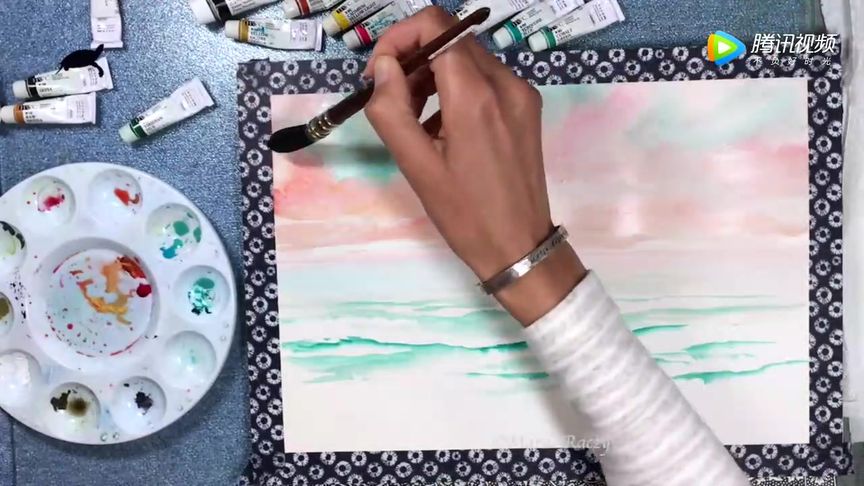 水彩绘画,晚霞沙滩与海浪,超美的风景作画