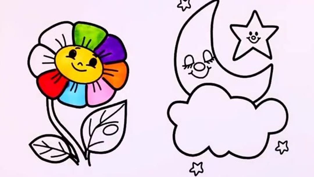 幼儿绘画向日葵月亮星星简笔画
