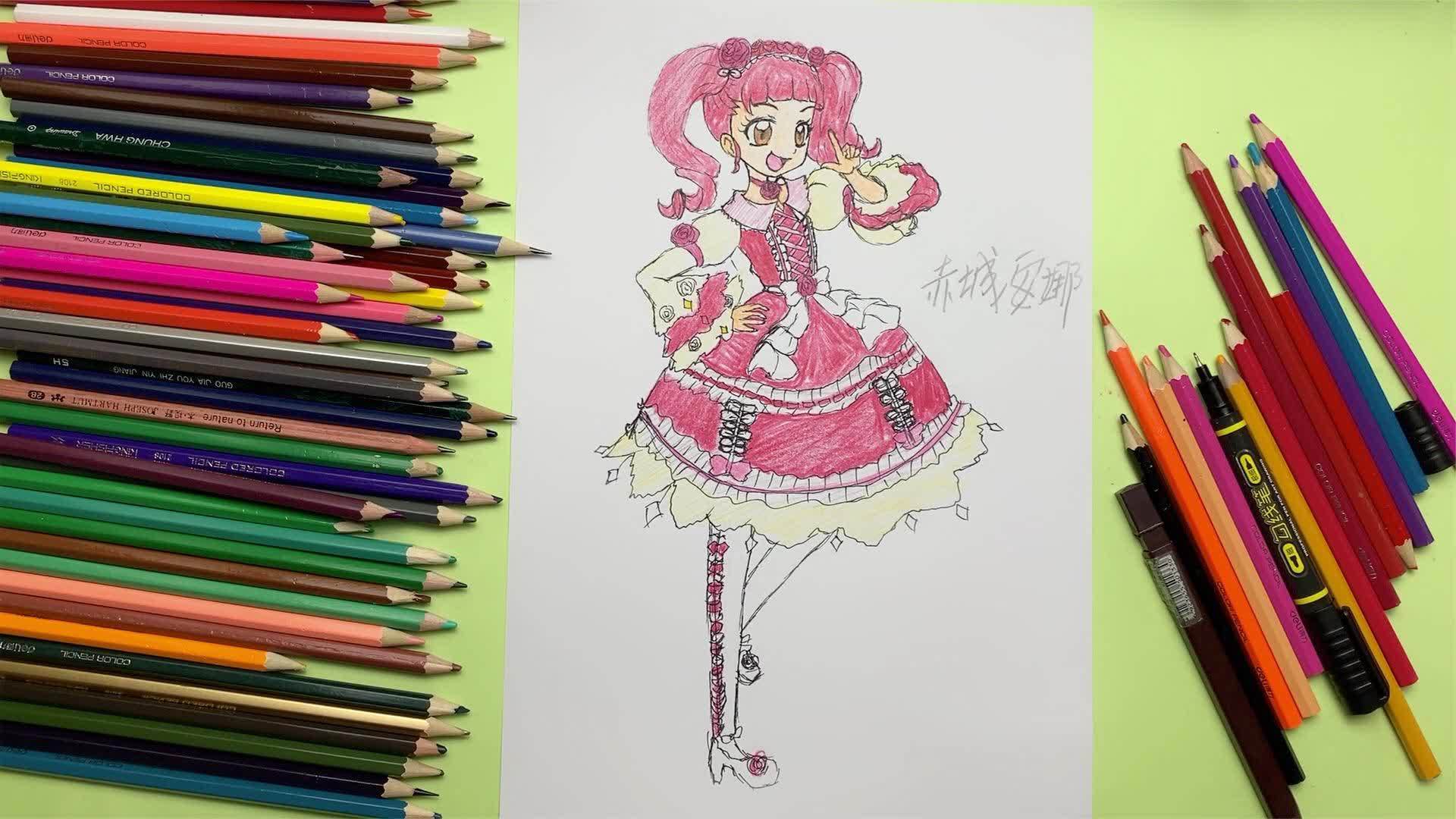 美妙频道│赤城安娜动漫简笔画│手绘可爱的红色礼裙装扮