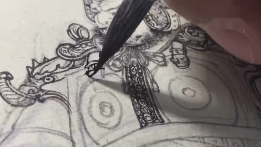 工笔人物线描教程,画程咬金铠甲前胸,西游补绘,跟付老师学画画