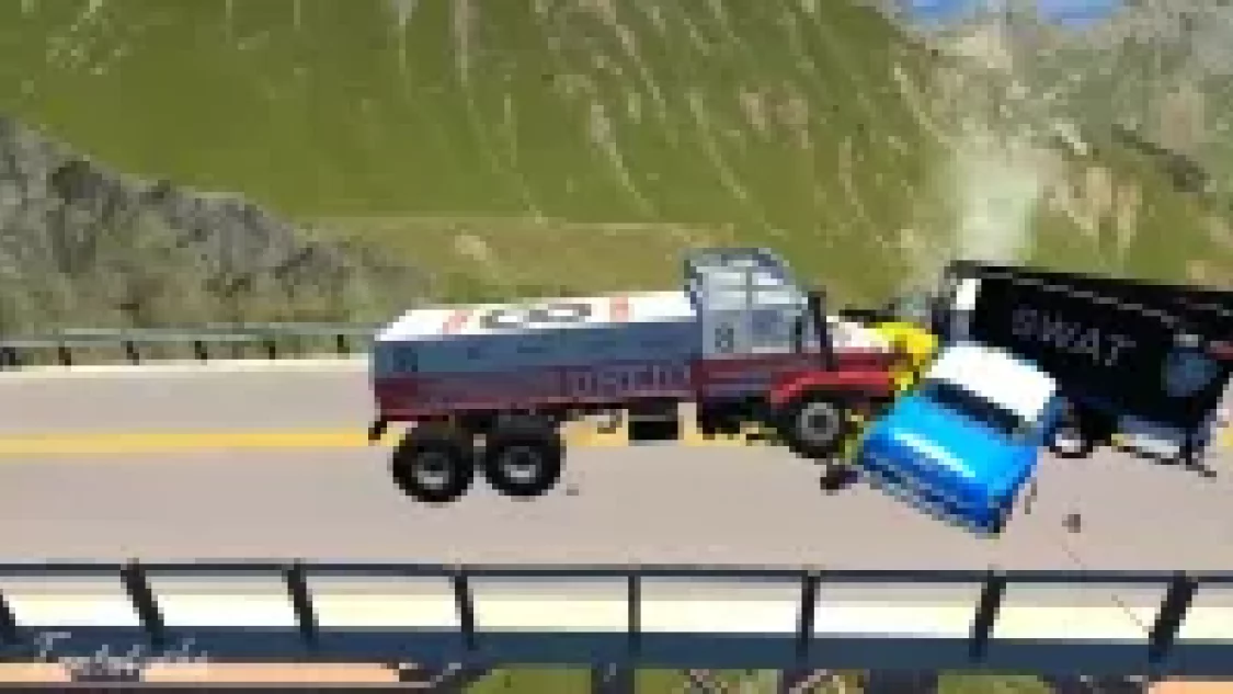 BeamNG车祸模拟:汽车桥梁事故