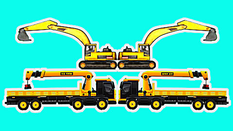 工程车游戏闯关动画合集26 两吊车高空运货 为卡车施工