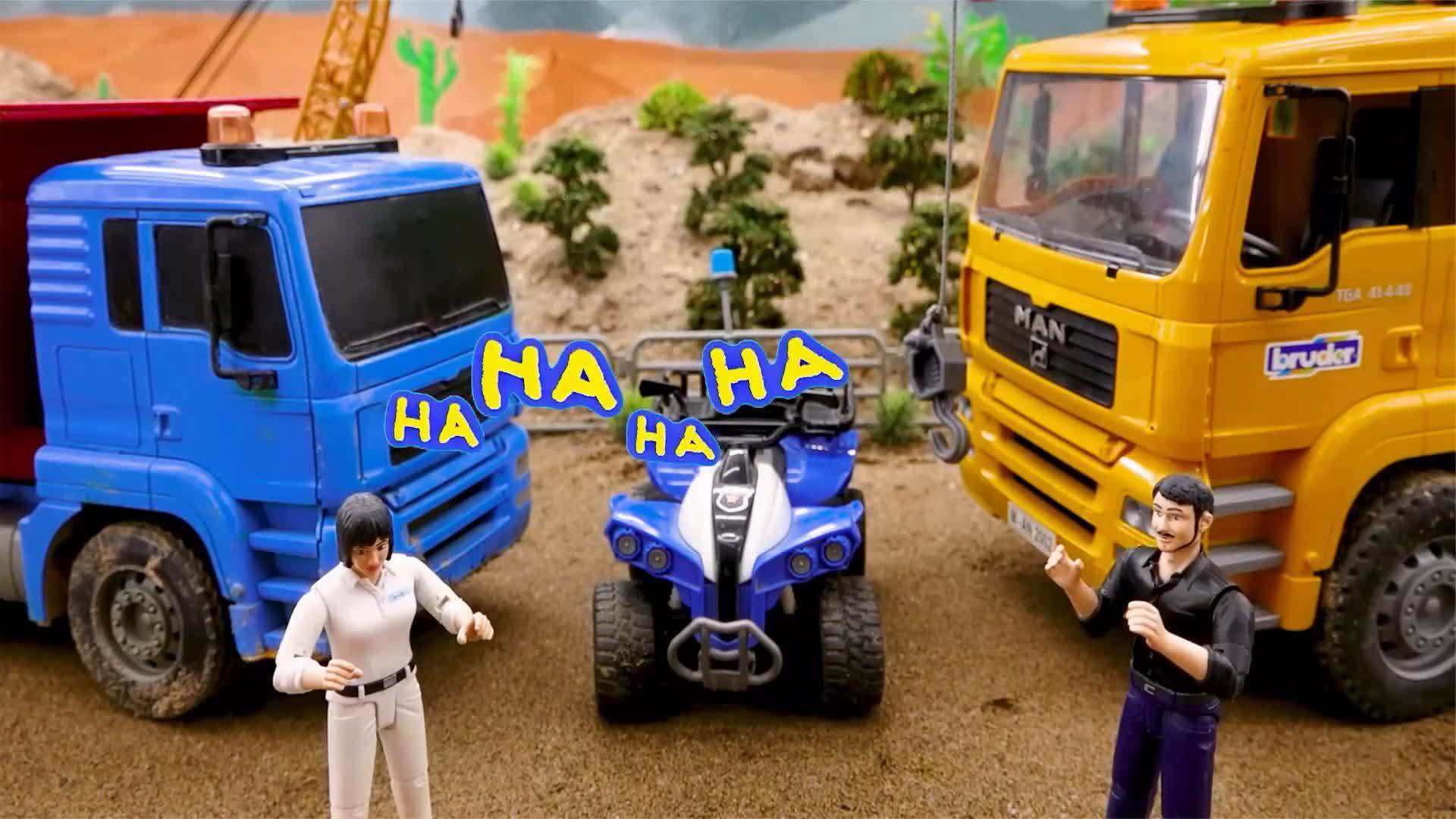 女司机和汽车挖掘机等工程车帮助货车并修路的玩具故事