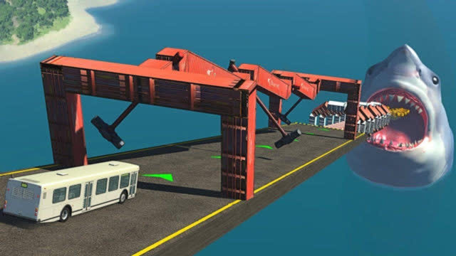 汽车过关斩将竟是为给鲨鱼送食?3D动画模拟,场面太刺激!