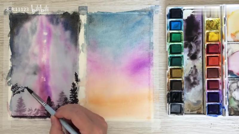 初学者简单星空水彩画,绘画过程