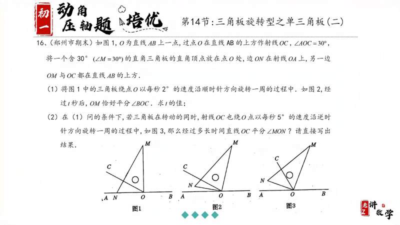 初一数学动角压轴题14:两道期末考试典型题,单三角板旋转问题