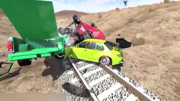 汽车与火车抢道 被猛烈的撞飞好几圈 拟真车祸模拟