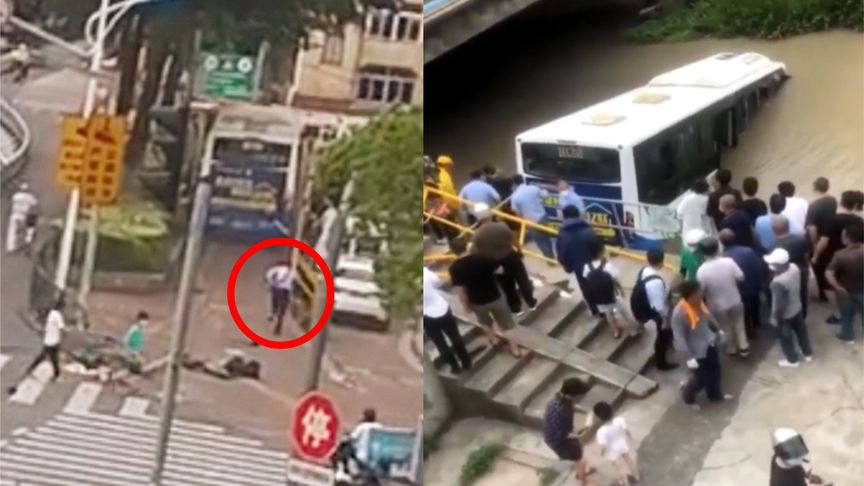 实拍:上海一公交车疑似撞车后冲入河中 男子拼命狂追未成功!