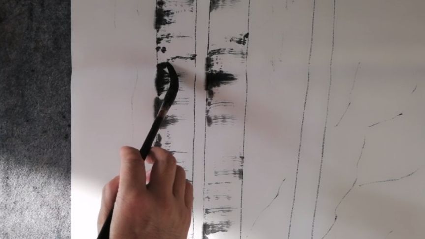 国画山水入门白桦树肌理勾皴用笔示范之一