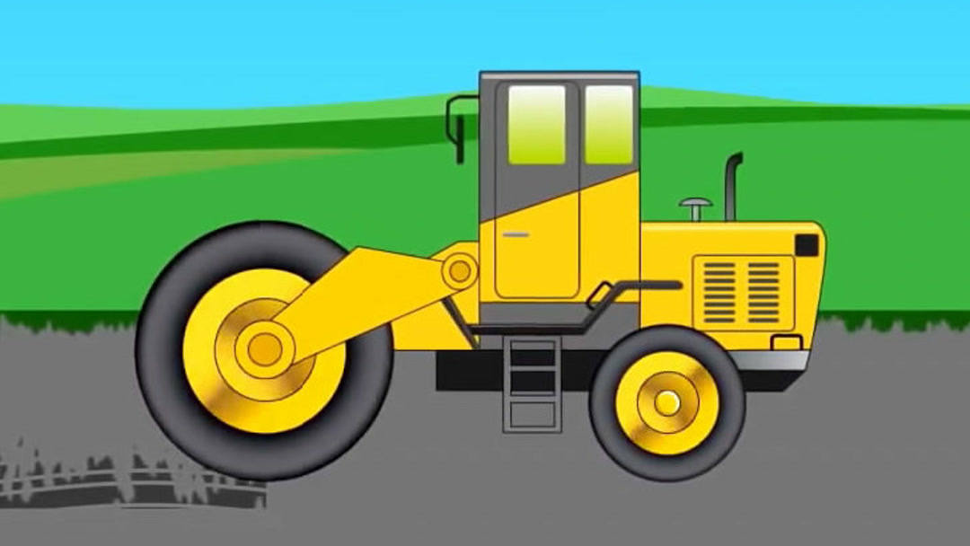 挖土车压路机和卡车铺马路 工程车益智动画