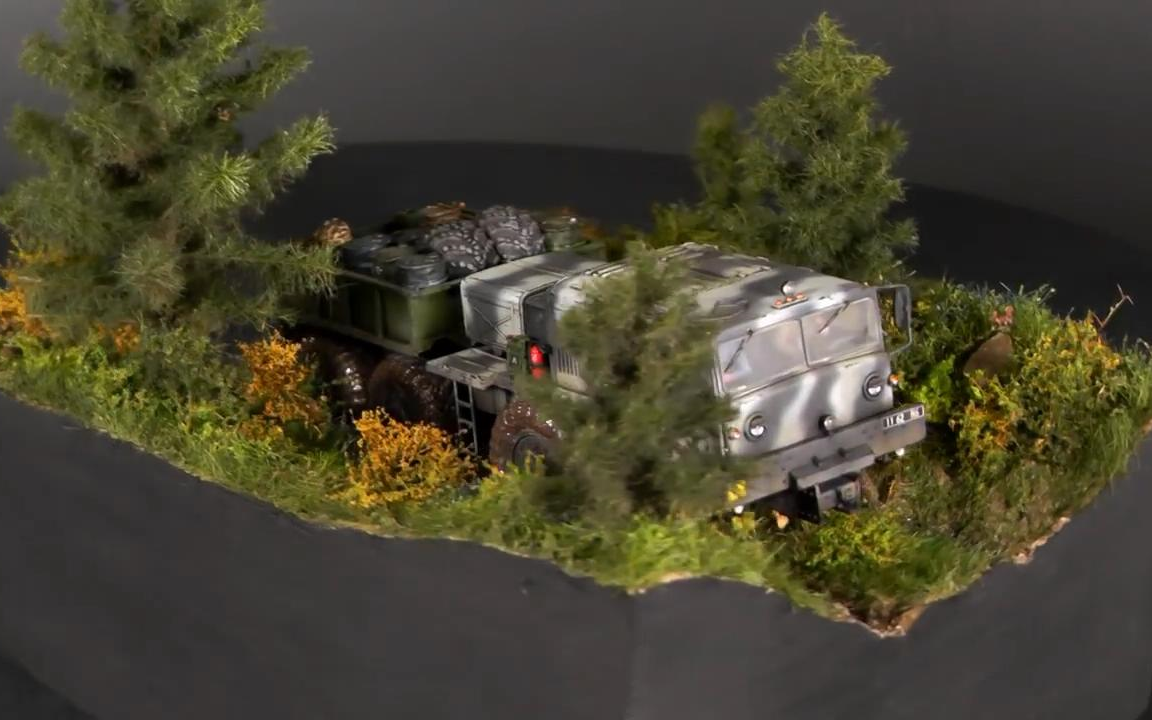 苏联MAZ- 537拖车模型森林场景制作_1/72