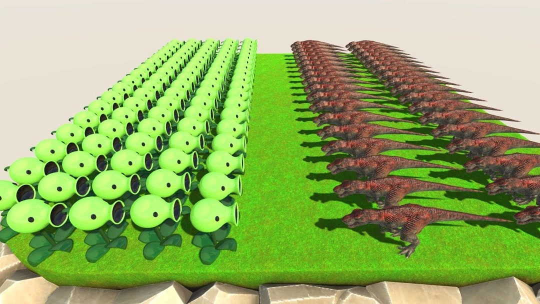 动物战争模拟器:豌豆射手防御999头霸王龙的进攻