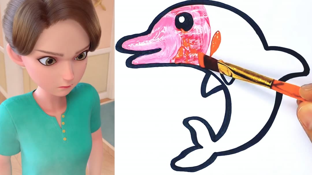 看动画学画画:简笔画~小海豚的画法+涂色,儿童绘画简单又好看