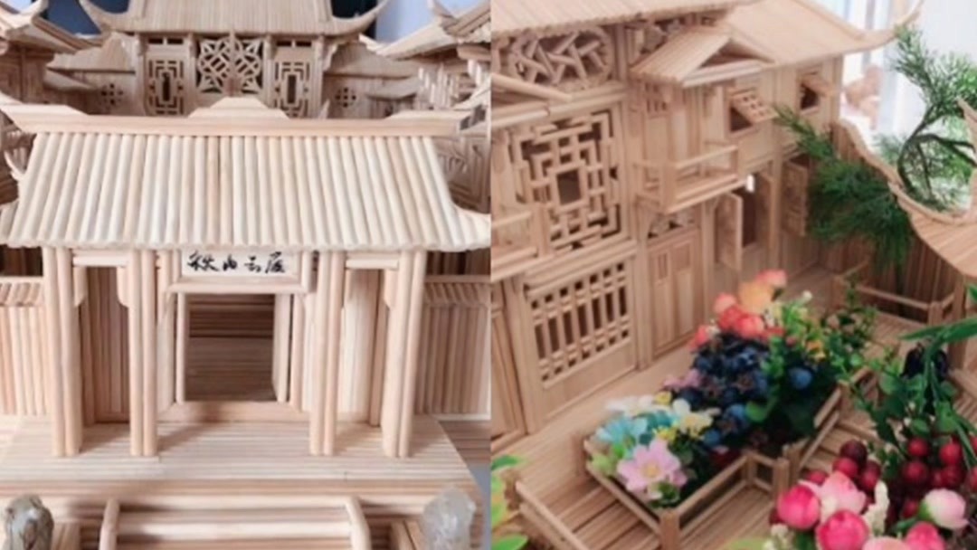 男子用5200根筷子搭古建筑模型:内设亭台楼阁美轮美奂