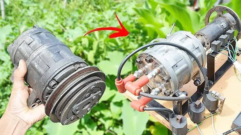 汽车拆下来的压缩机,看他如何改造成一台引擎,高手就是会玩