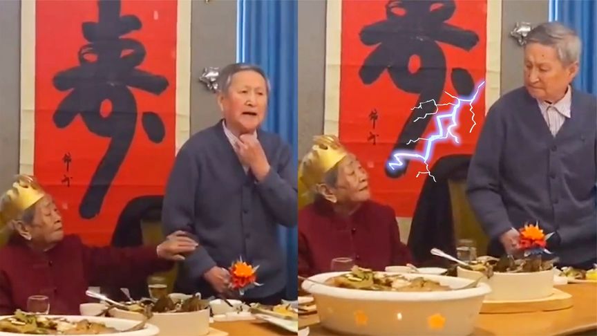 山东95岁老人为老伴表演羊叫,遭老伴嫌弃还被瞪了一眼,逗笑一桌人