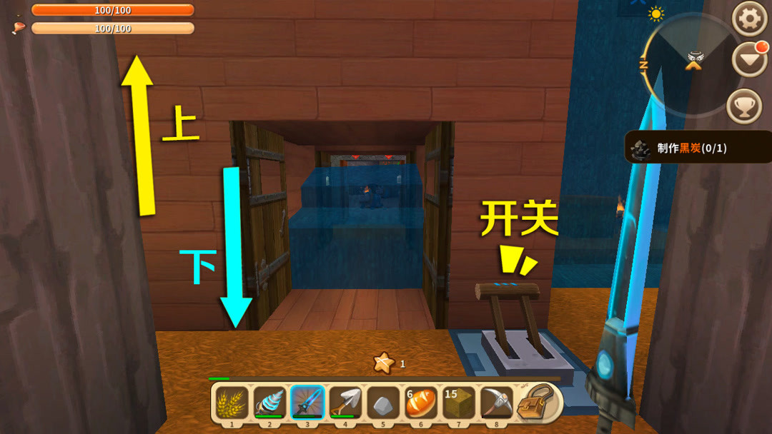 小乾迷你世界:在瀑布下做了个电动门,全靠开关控制,省心又省力