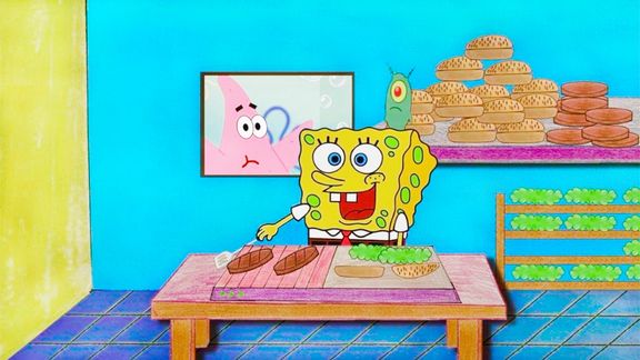 手绘定格动画:海绵宝宝为派大星制作汉堡包,友情点赞