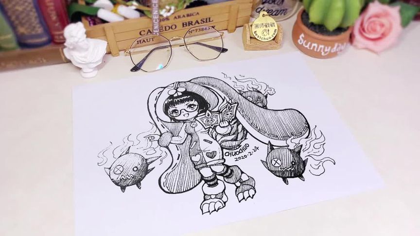 针管笔手绘王者荣耀Q版安琪拉同人黑白插画过程演示