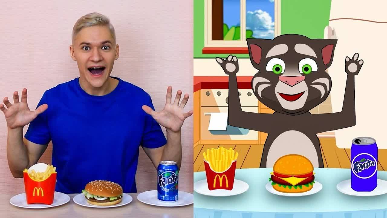 搞笑模仿秀:男孩模仿汤姆猫品尝汉堡和炸薯条食物!