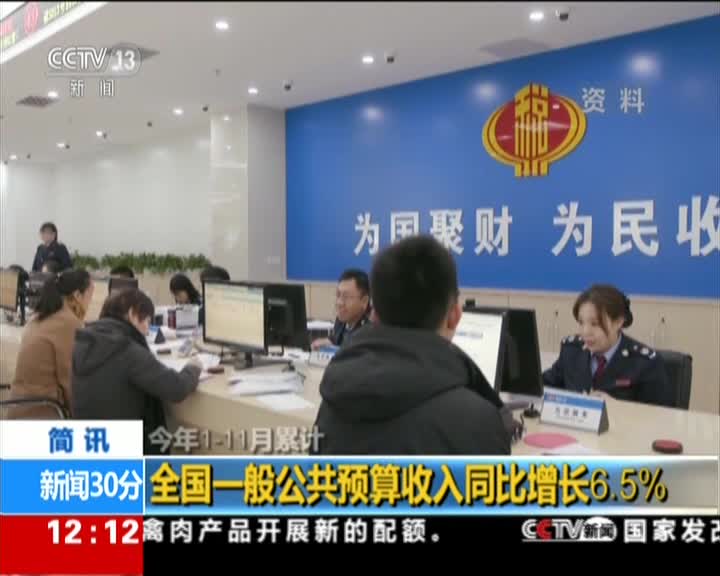 今年1-11月累计:全国一般公共预算收入同比增长6.5%