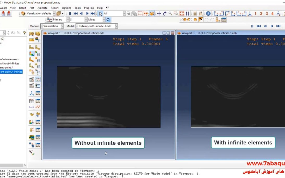 无限单元使用与否的声波传播对比Wave propagation with and without ...