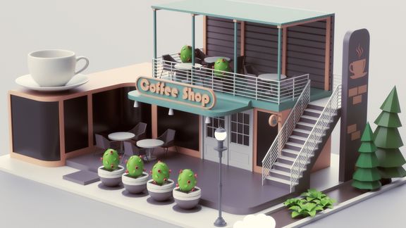 【3D建模】杯子是漂起来的风格化咖啡店,设计的太棒了
