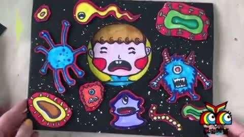 创意儿童画 创意美术:防疫病毒,我不怕!