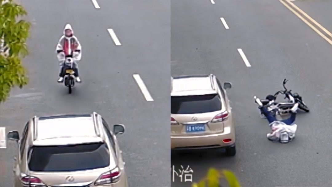 学生骑电动车想心事撞上小车,下一秒人飞出脸着地门牙掉落