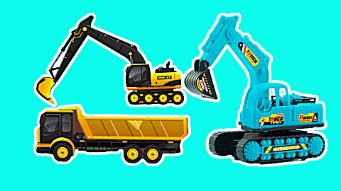 工程车游戏闯关动画合集13 挖掘机与卡车转移碎石
