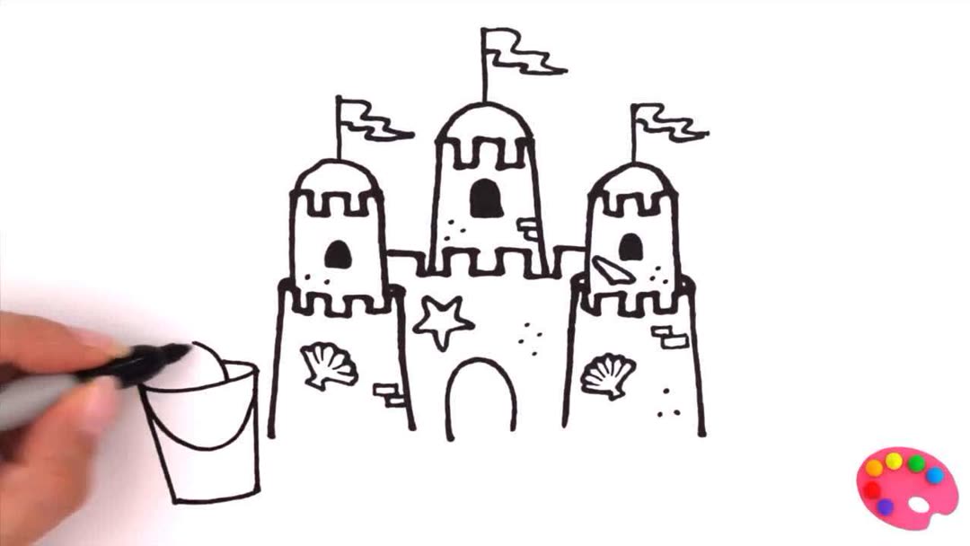 亲子儿童画画 一分钟画简笔城堡并涂上颜色