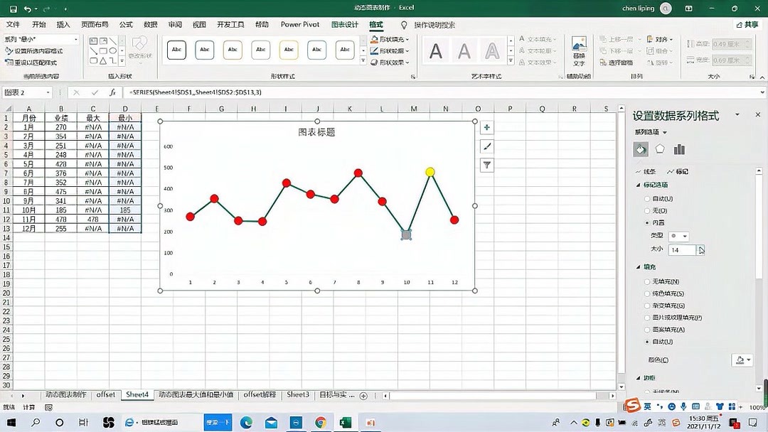 excel中折线图上最大值和最小值自动标识出来