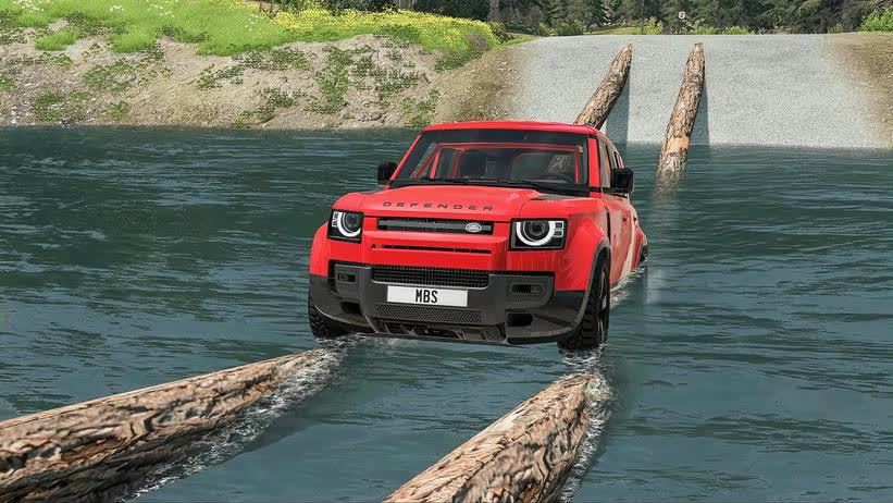 木桥支架塌陷,(驾驶员玩手机草率了)路虎卫士过深水河,BeamNG