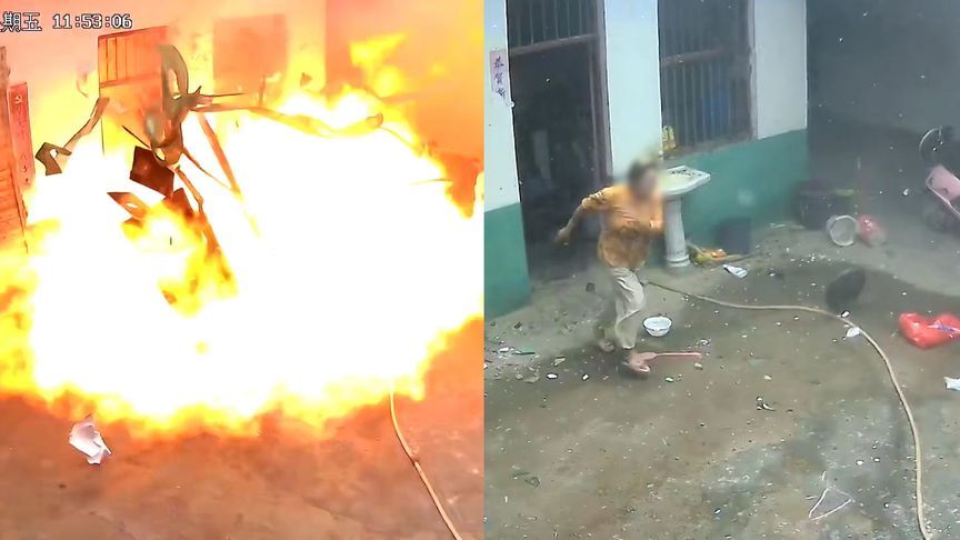 老人进厨房煤气罐爆炸,火焰喷出物品被炸飞,邻居赶来将老人送医