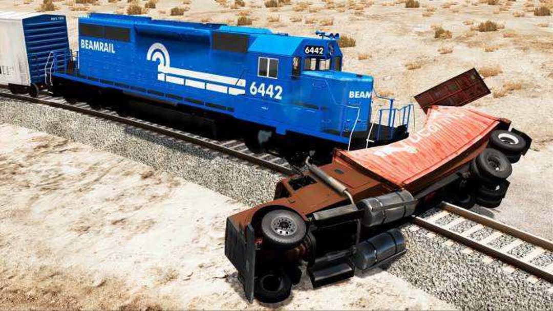 司机开火车不看路,火车开足马力冲向卡在铁轨上汽车,车祸模拟器