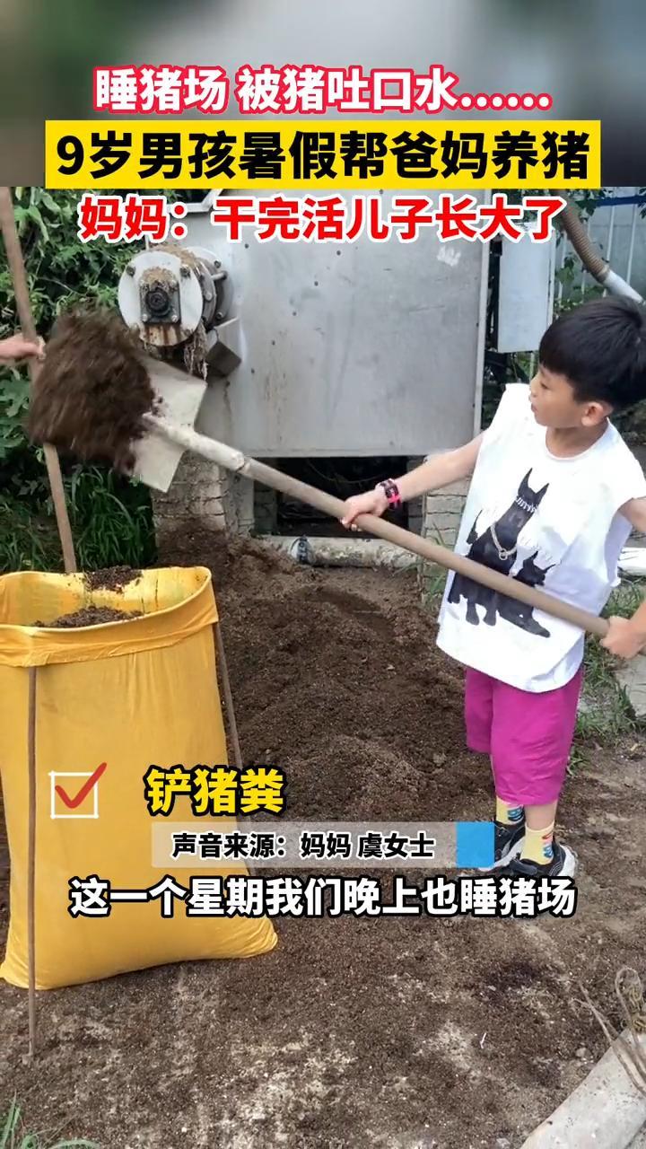9岁男孩暑假帮爸妈养猪,被猪喷口水哭了…但还是坚持了下来。妈妈:...