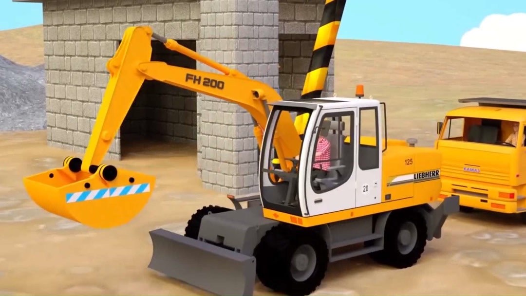 儿童动画:工程车搅拌车,卡车,挖掘机修路