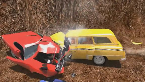 车祸模拟,小车全速前进,却不知前面有钉带,爆胎后翻车