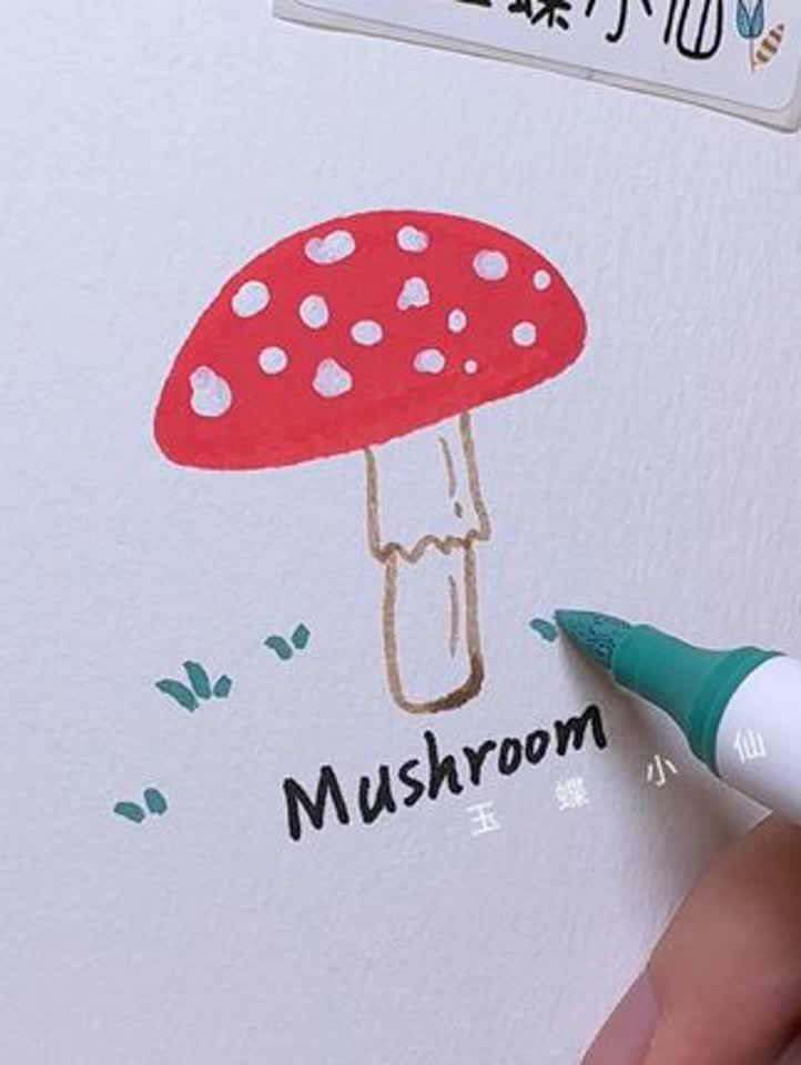 画个红色小蘑菇红伞伞白杆杆丙烯马克笔简笔画教程一看就会#一起学...