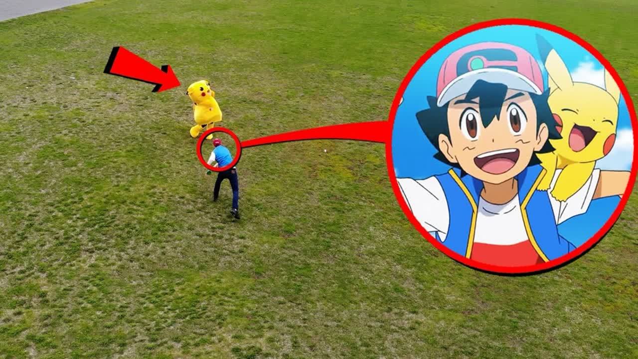 无人机航拍发现皮卡丘和小智,泰迦奥特曼快看!