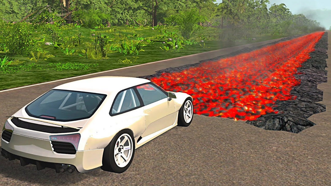 3D动画模拟:汽车加速行驶能穿过高温熔岩吗?场面太刺激了!