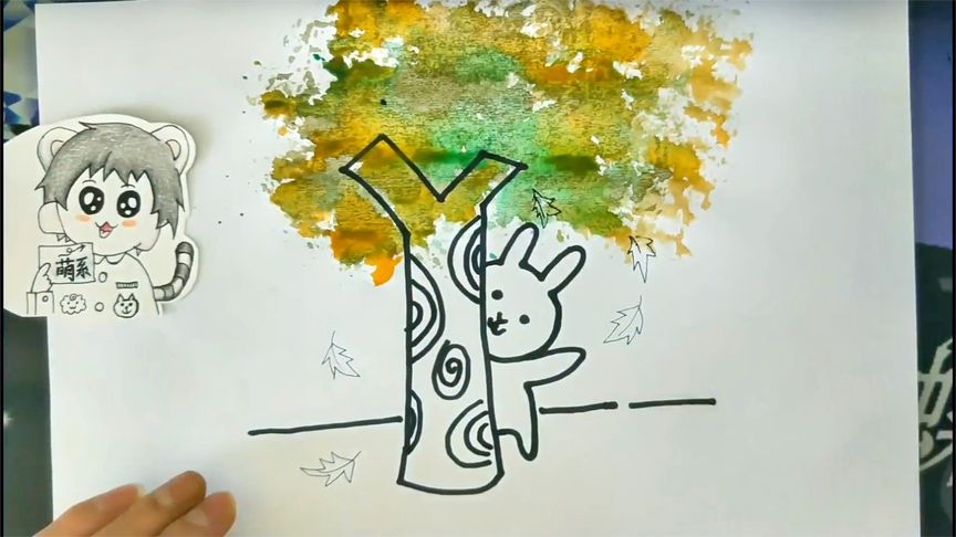 秋分简笔画,可爱的兔子和树,简单又好看!